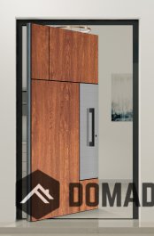 PIVOT V35 - aluminium wooden texture front door with inox decor Domadeco